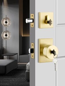 goldenwarm keyed alike gold door knob with deadbolt, square contemporary brushed gold exterior door lock set with deadbolt, heavy duty brass front entry door locksets with deadbolt(1 pack)