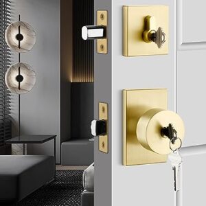 goldenwarm Keyed Alike Gold Door Knob with Deadbolt, Square Contemporary Brushed Gold Exterior Door Lock Set with Deadbolt, Heavy Duty Brass Front Entry Door Locksets with Deadbolt(1 Pack)