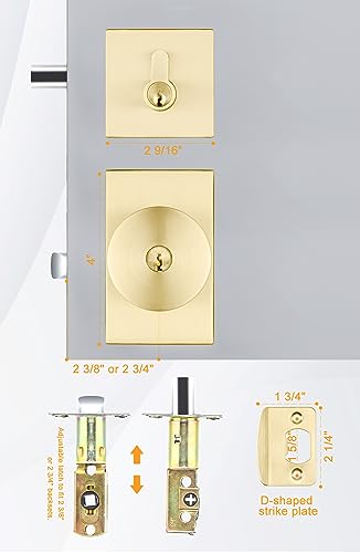 goldenwarm Keyed Alike Gold Door Knob with Deadbolt, Square Contemporary Brushed Gold Exterior Door Lock Set with Deadbolt, Heavy Duty Brass Front Entry Door Locksets with Deadbolt(1 Pack)