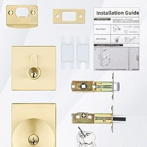 goldenwarm Keyed Alike Gold Door Knob with Deadbolt, Square Contemporary Brushed Gold Exterior Door Lock Set with Deadbolt, Heavy Duty Brass Front Entry Door Locksets with Deadbolt(1 Pack)