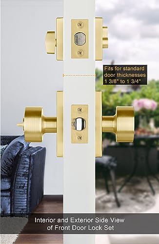 goldenwarm Keyed Alike Gold Door Knob with Deadbolt, Square Contemporary Brushed Gold Exterior Door Lock Set with Deadbolt, Heavy Duty Brass Front Entry Door Locksets with Deadbolt(1 Pack)