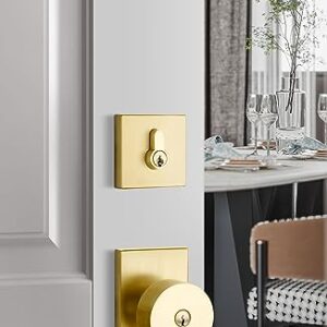 goldenwarm Keyed Alike Gold Door Knob with Deadbolt, Square Contemporary Brushed Gold Exterior Door Lock Set with Deadbolt, Heavy Duty Brass Front Entry Door Locksets with Deadbolt(1 Pack)