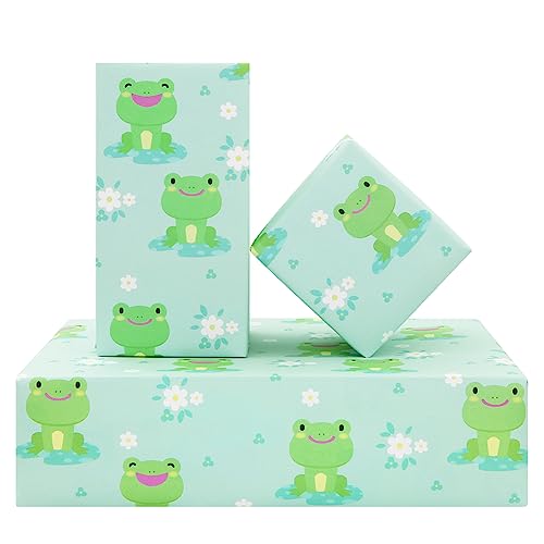 Winterworm Cute Frog Wrapping Paper,Green Birthday Gift Wrapping Paper for Girls Boys,4 Folded Sheets Lotus Leaf Flower Kraft Gift Wrapping Paper for Christmas Baby Shower Kids Gift Wrap,28 * 20 Inch