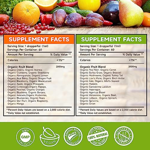 Fruits and Veggies Supplements - Liquid Drops - Made in USA, Balance of Organic Nature Fruit and Vegetables - Supports Energy Levels, Rich in Vitamin - Non GMO, Soy Free & Vegan (2Oz/60ml)