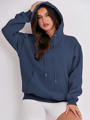 ANRABESS Women's Oversized Hoodies Long Sleeve Fleece Sweatshirts Solid Casual Hooded Pullover Kangaroo Pockets Loose Lightweight Fall Tops Y2K Clothes A1072dianlan-S Navy Blue