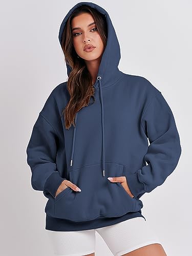 ANRABESS Women's Oversized Hoodies Long Sleeve Fleece Sweatshirts Solid Casual Hooded Pullover Kangaroo Pockets Loose Lightweight Fall Tops Y2K Clothes A1072dianlan-S Navy Blue