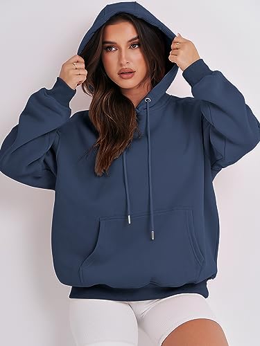 ANRABESS Women's Oversized Hoodies Long Sleeve Fleece Sweatshirts Solid Casual Hooded Pullover Kangaroo Pockets Loose Lightweight Fall Tops Y2K Clothes A1072dianlan-S Navy Blue