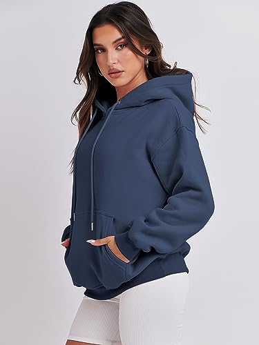 ANRABESS Women's Oversized Hoodies Long Sleeve Fleece Sweatshirts Solid Casual Hooded Pullover Kangaroo Pockets Loose Lightweight Fall Tops Y2K Clothes A1072dianlan-S Navy Blue