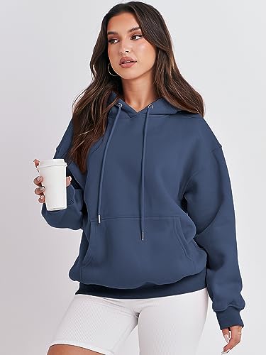 ANRABESS Women's Oversized Hoodies Long Sleeve Fleece Sweatshirts Solid Casual Hooded Pullover Kangaroo Pockets Loose Lightweight Fall Tops Y2K Clothes A1072dianlan-S Navy Blue