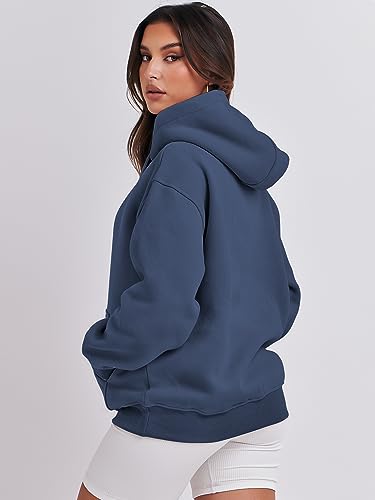 ANRABESS Women's Oversized Hoodies Long Sleeve Fleece Sweatshirts Solid Casual Hooded Pullover Kangaroo Pockets Loose Lightweight Fall Tops Y2K Clothes A1072dianlan-S Navy Blue