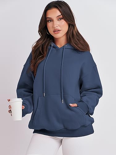 ANRABESS Women's Oversized Hoodies Long Sleeve Fleece Sweatshirts Solid Casual Hooded Pullover Kangaroo Pockets Loose Lightweight Fall Tops Y2K Clothes A1072dianlan-S Navy Blue