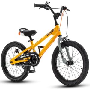 royalbaby freestyle 7 kids bike 18 inch wheel dual handbrakes bicycle beginners boys girls ages 5-8 years, kickstand and water bottle included, yellow