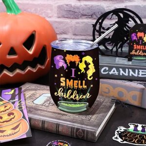 Whaline Halloween Witch Wine Tumbler 12 oz Stainless Steel Tumbler with Straw and Cleaning Brush Witch Sisters Hocus Pocus Coffee Cup for Women Girlfriend Besties Wife Lover Spouse Squash Gifts