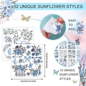 12 Sheets Rub on Transfers for Crafts and Furniture Rub on Transfers Stickers Classic Bird Floral Lavender Butterfly Decals for Home Office Paper Wood DIY Craft, 5.5 x 5.7 Inch (Vivid Flower)