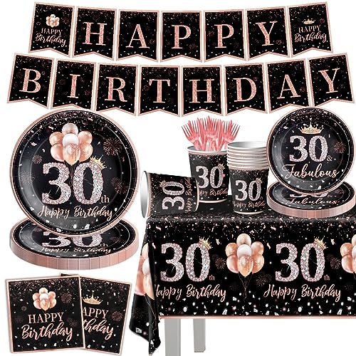 142Pcs 30th Birthday Tableware Decorations for Women Rose Gold Happy 30 Birthday Party Supplies for Her Disposable Tablecloth,Plates,Napkins,Cups,Forks and Knives for Girls 30th Birthday Party