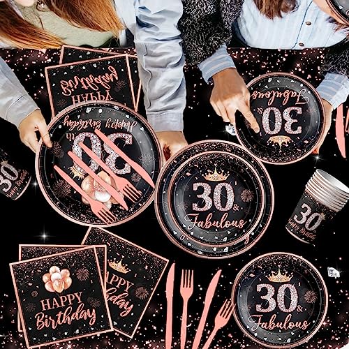 142Pcs 30th Birthday Tableware Decorations for Women Rose Gold Happy 30 Birthday Party Supplies for Her Disposable Tablecloth,Plates,Napkins,Cups,Forks and Knives for Girls 30th Birthday Party