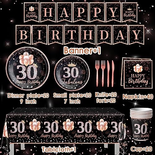 142Pcs 30th Birthday Tableware Decorations for Women Rose Gold Happy 30 Birthday Party Supplies for Her Disposable Tablecloth,Plates,Napkins,Cups,Forks and Knives for Girls 30th Birthday Party