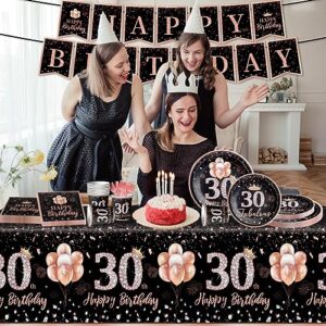 142Pcs 30th Birthday Tableware Decorations for Women Rose Gold Happy 30 Birthday Party Supplies for Her Disposable Tablecloth,Plates,Napkins,Cups,Forks and Knives for Girls 30th Birthday Party