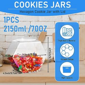 Uiifan 1 Piece Hexagonal Plastic Candy Jar with Lid Cookie Jar Clear Hexagonal Candy Containers for Snacks, Cookies, Dog Food, Craft and Sewing Supplies, Coffee Pod, Laundry Pod (70 oz)