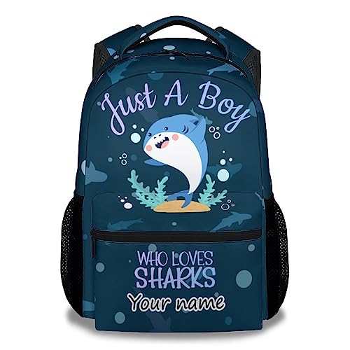 KNOWPHST Personalized Shark Backpack for Boys Girls, 16 Inch Cute Backpack for School, Blue, Large Capacity, Durable, Lightweight Bookbag for Kids Travel