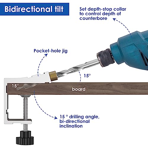 Ihvewuo Pocket Hole Jig Kit, 15 Degree Angle Oblique Hole Puncher Locator High Precision Adjustable Woodworking Drill Guide Tool Kit for DIY Carpentry Projects