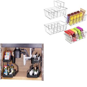 puricon 4 pack pantry organization and storage bins for kitchen fridge countertop cabinet bundle with 2 pack under sink organizer, 2-tier l-shape sliding under sink organizers and storage