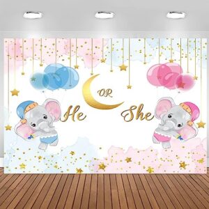 yongfoto 6x4ft elephant gender reveal baby shower party backdrop he or she what will baby be blue and pink balloons gold confetti photography backdrop newborn party decorations banner studio props