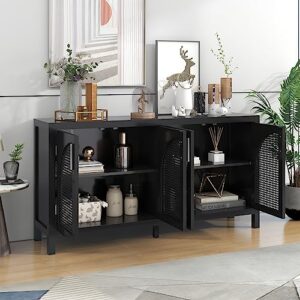 Accent Storage Cabinet Buffet Cabinet Freestanding Storage Sideboard with Artificial Rattan Doors & Metal Handles, Entryway Cabinet for Living Room Office Bedroom, Kitchen (Black)