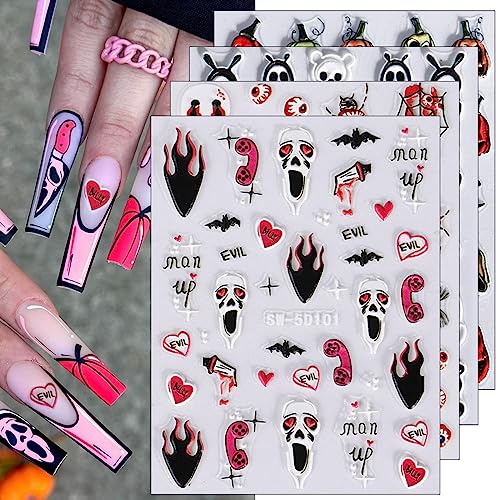 JMEOWIO 3D Embossed Halloween Nail Art Stickers Decals Self-Adhesive Pegatinas Uñas Pink 5D Skull Flame Bat Nail Supplies Nail Art Design Decoration Accessories 4 Sheets