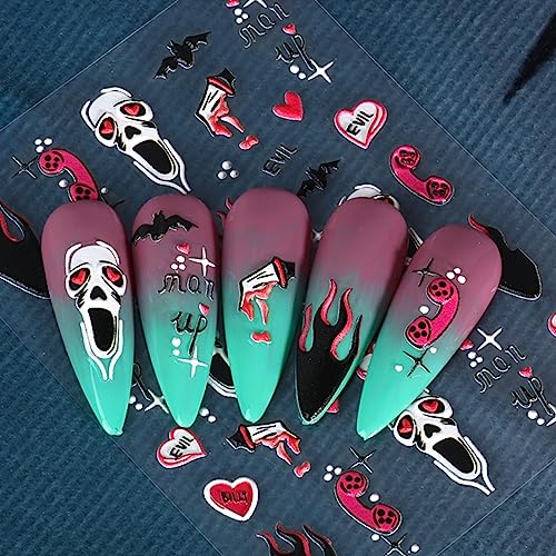 JMEOWIO 3D Embossed Halloween Nail Art Stickers Decals Self-Adhesive Pegatinas Uñas Pink 5D Skull Flame Bat Nail Supplies Nail Art Design Decoration Accessories 4 Sheets