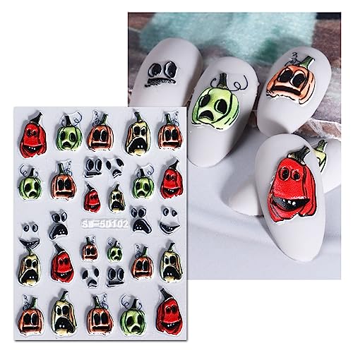 JMEOWIO 3D Embossed Halloween Nail Art Stickers Decals Self-Adhesive Pegatinas Uñas Pink 5D Skull Flame Bat Nail Supplies Nail Art Design Decoration Accessories 4 Sheets