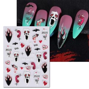 JMEOWIO 3D Embossed Halloween Nail Art Stickers Decals Self-Adhesive Pegatinas Uñas Pink 5D Skull Flame Bat Nail Supplies Nail Art Design Decoration Accessories 4 Sheets