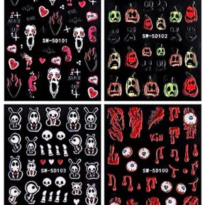 JMEOWIO 3D Embossed Halloween Nail Art Stickers Decals Self-Adhesive Pegatinas Uñas Pink 5D Skull Flame Bat Nail Supplies Nail Art Design Decoration Accessories 4 Sheets