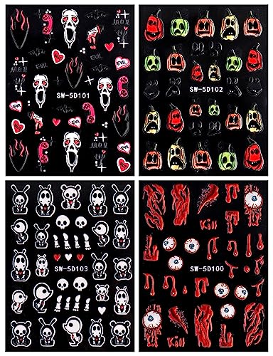 JMEOWIO 3D Embossed Halloween Nail Art Stickers Decals Self-Adhesive Pegatinas Uñas Pink 5D Skull Flame Bat Nail Supplies Nail Art Design Decoration Accessories 4 Sheets