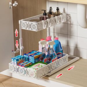 iirios adjustable height under sink organizer, 2-tier l-shape slide out sliding shelf, under cabinet organizer with drawer and hooks, multi-use under sink storage for bathroom kitchen, white