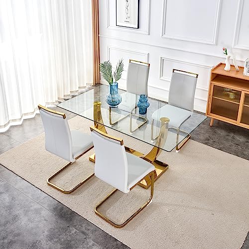 HomVent Glass Dining Table Set for 4,63" Glass Kitchen Table Set with Gold Legs,Modern Glass Dining Room Table and Chairs Set for 4,Glass Dining Room Table Set with Chairs,5 Piece Dining Table Set