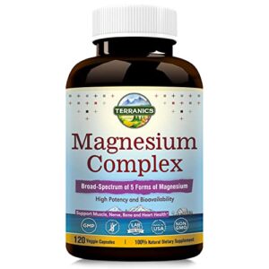 terranics magnesium complex 500mg, 120 veg capsules, 55mg of elemental magnesium per capsule, better absorption, sleep, muscle, heart health, vegan, non-gmo