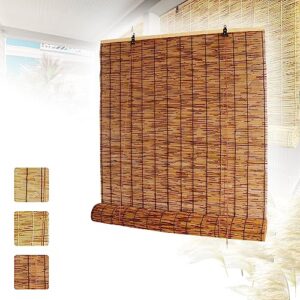 lsjoaw roll up reed shade outdoor 56x40in/142x102cm reed roll up window blind reed curtain with lifter sun shade for patio porch yard gazebo balcony exterior retro roller shade,brown