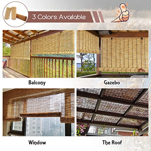 Lsjoaw Roll Up Reed Shade Outdoor 56x40in/142x102cm Reed Roll Up Window Blind Reed Curtain with Lifter Sun Shade for Patio Porch Yard Gazebo Balcony Exterior Retro Roller Shade,Brown