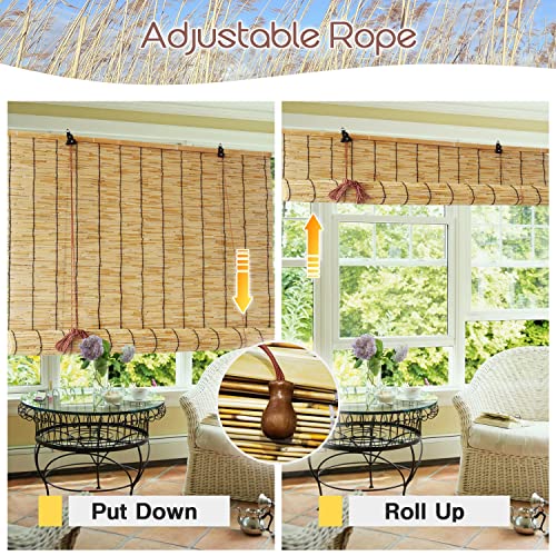 Lsjoaw Roll Up Reed Shade Outdoor 56x40in/142x102cm Reed Roll Up Window Blind Reed Curtain with Lifter Sun Shade for Patio Porch Yard Gazebo Balcony Exterior Retro Roller Shade,Brown