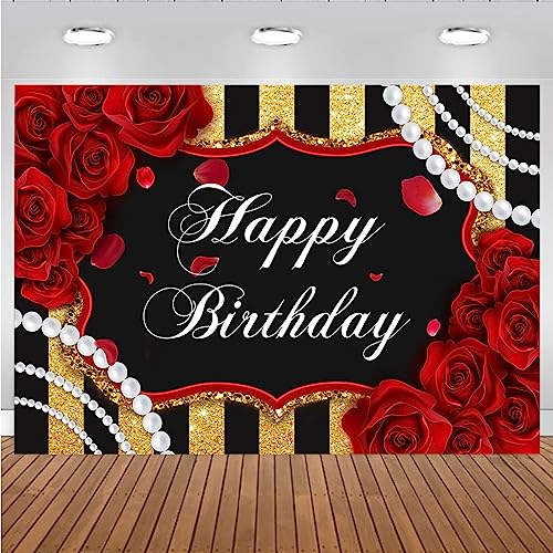 Happy Birthday Photography Background Woman Floral Birthday Party Backdrop Adult Men Woman Party Decor Red Roses Floral Pearl Black and Gold Stripes Backdrop Baby Shower Cake Table Banner (6X4FT)