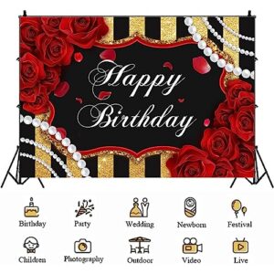 Happy Birthday Photography Background Woman Floral Birthday Party Backdrop Adult Men Woman Party Decor Red Roses Floral Pearl Black and Gold Stripes Backdrop Baby Shower Cake Table Banner (6X4FT)