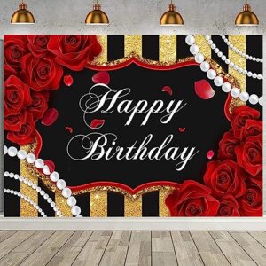 Happy Birthday Photography Background Woman Floral Birthday Party Backdrop Adult Men Woman Party Decor Red Roses Floral Pearl Black and Gold Stripes Backdrop Baby Shower Cake Table Banner (6X4FT)