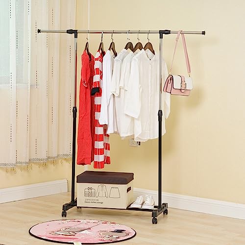 Altsuceser Clothes Drying Rack, Save Space Stainless-Steel Freestanding Shoes Clothes Laundry Drying Rack with Wheels, Adjustable Double Rod Flooring Clothes Rack Black