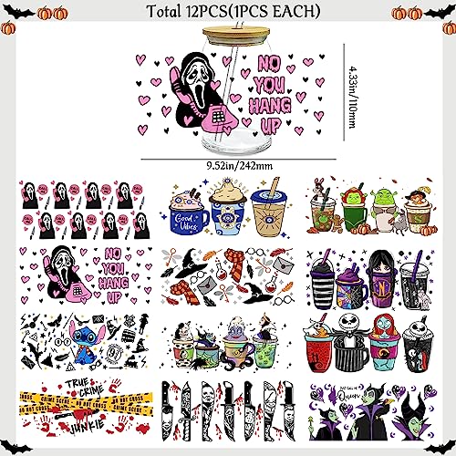 UV DTF Cup Wrap, Transfer Stickers for Glass Cups，UV DTF Cup Wrap Transfer Cup Stickers Decals Waterproof Rub on Transfers for Crafts Vintage（Halloween Series-12Sheets）