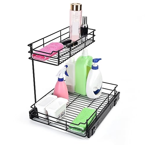 Gulongome Pull out Cabinet Organizer,Under Sink Organizer,2 Tier Sliding Wire Drawer,More Strong Material for Kitchen Slide Out Storage Shelf - 12.6W * 16.53D * 15.35H (Black)