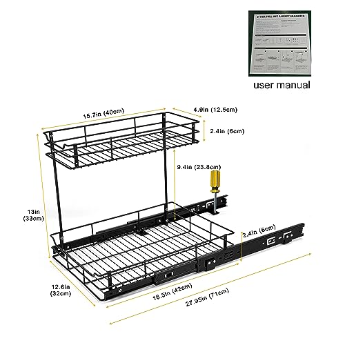 Gulongome Pull out Cabinet Organizer,Under Sink Organizer,2 Tier Sliding Wire Drawer,More Strong Material for Kitchen Slide Out Storage Shelf - 12.6W * 16.53D * 15.35H (Black)