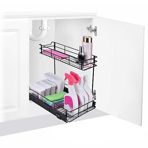 Gulongome Pull out Cabinet Organizer,Under Sink Organizer,2 Tier Sliding Wire Drawer,More Strong Material for Kitchen Slide Out Storage Shelf - 12.6W * 16.53D * 15.35H (Black)