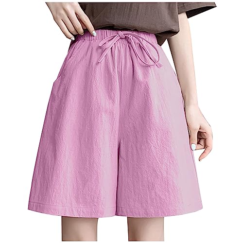 WEEBAG Linen Shorts Woman Summer High Waisted Bermuda Shorts Flowy Plus Size Athletic Workout Cargo Casual Loose Beach Shorts Pink