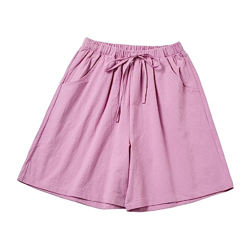 WEEBAG Linen Shorts Woman Summer High Waisted Bermuda Shorts Flowy Plus Size Athletic Workout Cargo Casual Loose Beach Shorts Pink